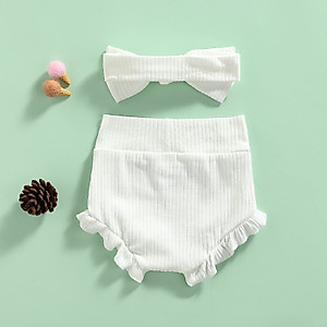 Mubineo Infant Baby Girl Basic Plain Cotton Ruffle Bloomer Shorts Headband Set (White, 6 Months)