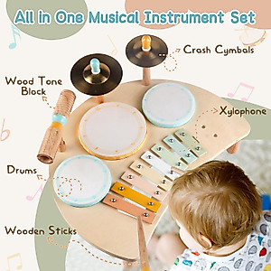 Kids Drum Set, Montessori Musical Instruments for Toddlers 1-3, Wooden Musical Toys for Baby 12-18 Months, Preschool Educational Xylophone Drum Kit, Birthday Gift for Boys Girls Ages 3+