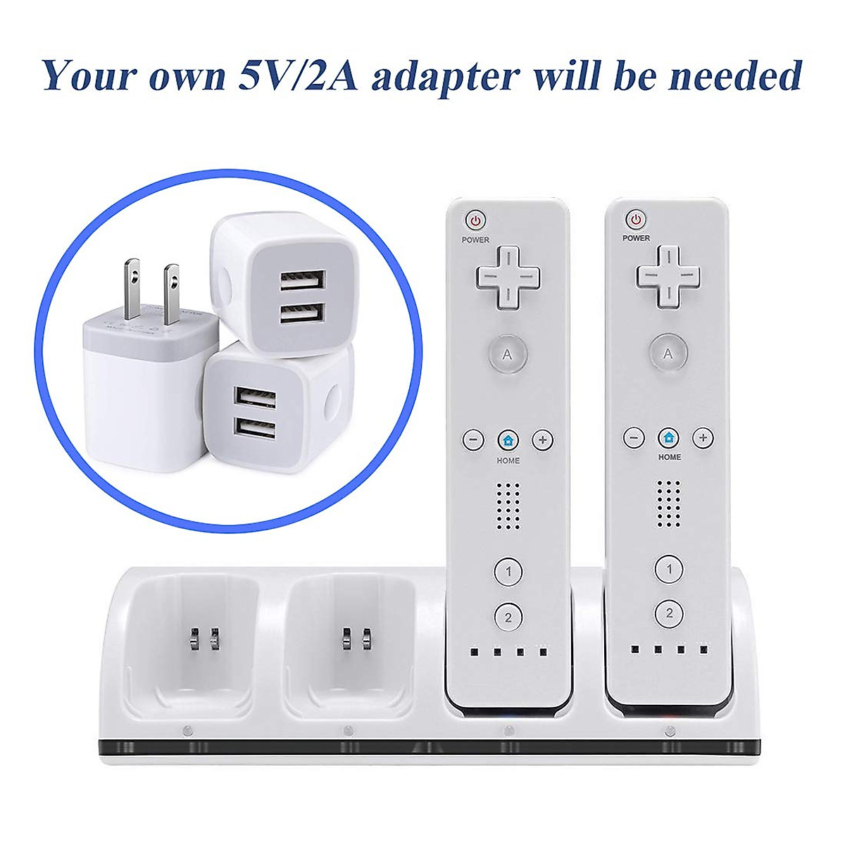 4-in-1 Charging Station for Wii Remote Controller with Rechargeable Batteries and Motion Sensor, Dock, Cable and Adapter - The Ultimate Charger for Nintendo Wii U/Wii（White）
