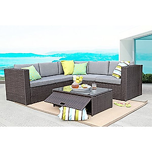 Baner Garden (K35-CH 4 Pieces Outdoor Furniture Complete Patio Cushion Wicker Rattan Garden Corner Sofa Couch Set, Chocolate