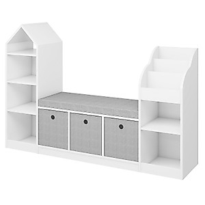 Vabches Toy Storage Organizer for Kids Bookshelf with Reading Nook, Multifunctional Kids Bookcase with 9 Storage Cubbies 3 Drawers and Large Seat Cushion for Keeping Kids' Toys Books Organized, White