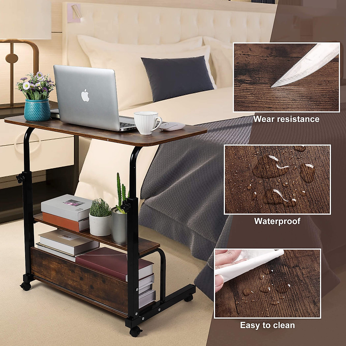 Dekhaoxe Adjustable Table Student Computer Desk Portable Home Office Furniture Small Spaces Sofa Bedroom Bedside Learn Play Game on Wheels Movable with Storage Size 31.5 * 15.7 in Oak D