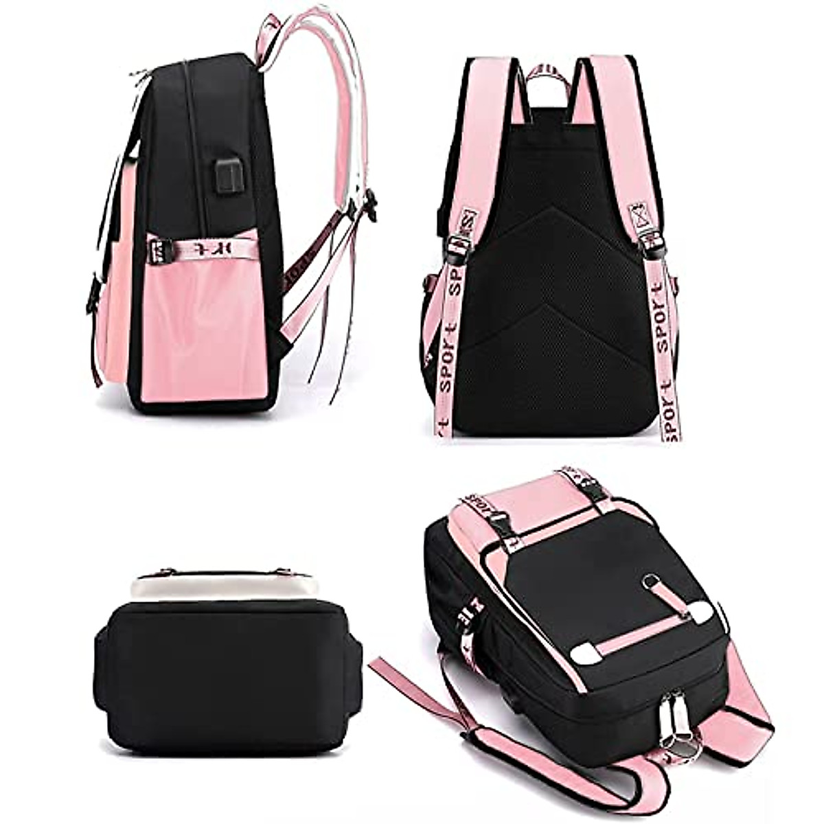 coxqermo Cute Cool Backpack for Girls, Kawaii Cartoon Backpack with Plush Pendant,Middle School Students Bookbag Daypack with USB Charge Port