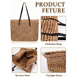 Coume Straw Large Beach Bag for Women's Woven Beach Bag and Beach Hats Set Beach Earring Handmade Shoulder Bag Handbag Bohemia Set(Khaki)