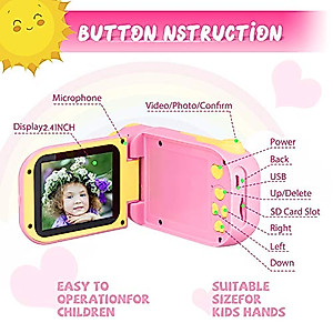 SUZIYO Kids Video Camera Digital Camcorder, Birthday Gifts for Age 3 4 5 6 7 8 9 Boys and Girls, Children Videos Recorder Toy for Toddler HD 1080P 2.4 Screen with 32GB Micro SD Card- Pink