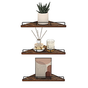 Trwcrt Floating Corner Shelf Wall Mounted Set of 3, Rustic Wood Wall Storage Shelves for Bedroom, Living Room, Bathroom, Kitchen, Brown