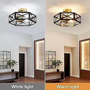 XSDeTu Modern Flush Mount Ceiling Light, 3-Light Black Gold Hallway Light Fixtures Ceiling Mount, Industrial Close to Ceiling Light with Metal Hexagon Cage Ceiling Lamp for Kitchen