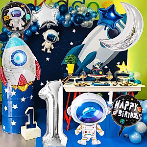 10 PCS Space Theme 0-9 Birthday Balloons Decoration, Big Foil Mylar Number 0 Astronaut Spaceman Rocket Moon Star Balloons for Boy Space Galaxy Theme Birthday Party Supplies