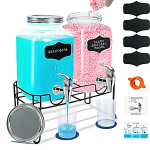2-Pack 1 Gallon Glass Laundry Detergent Dispenser Set with Bamboo Lids and Stand - Liquid Soap and Fabric Softener Dispensers with Spigots, Cups, Labels and Mats, Laundry Room Organization and Storage