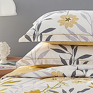 SLEEPBELLA Comforter Queen Size, 600 Thread Count Cotton Grey Branch with Yellow Flower & Grey Leaves Pattern Orange Reversible Comforter Set,Down Alternative Bedding Set 3Pcs(Queen, Yellow Botanical)