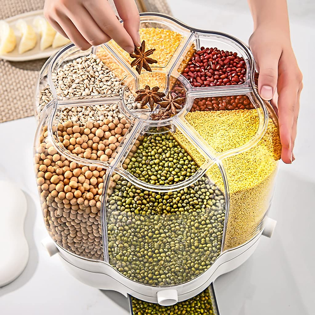 6 Grid Grain Container, 360° Rotating Food Dispenser Measuring Cylinder with Lid, Rice Storage Bucket, Dry Food Dispenser,for Kitchen Storage with Cup, 10kg/12.5kg ( Color : White , Size : 12.5kg )