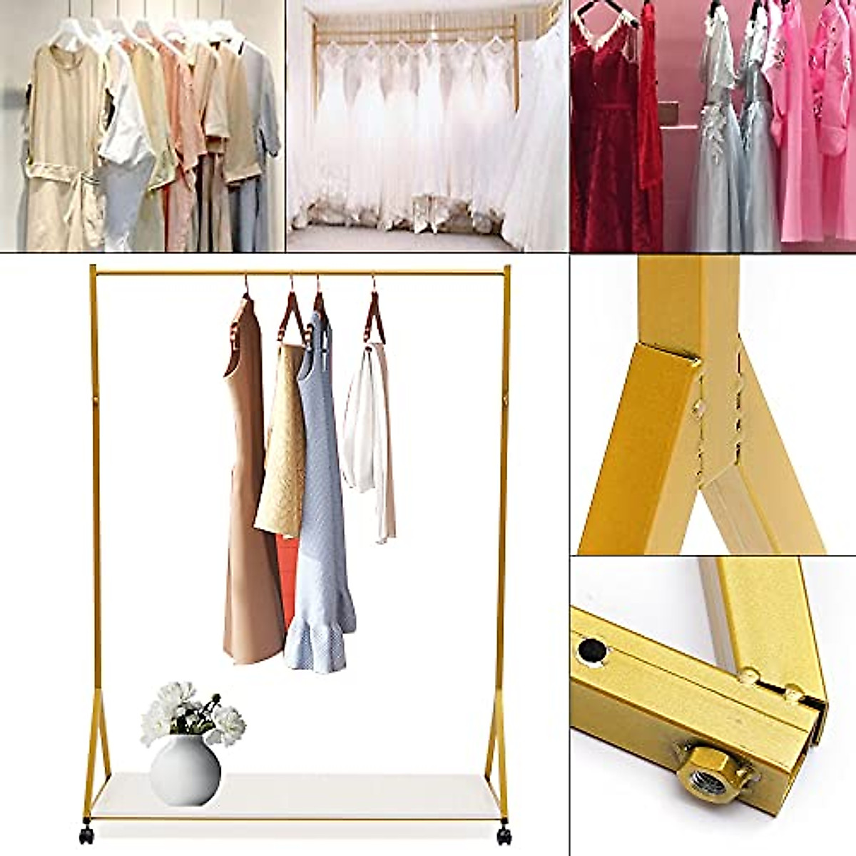 Metal Gold Clothing Rack with Shelves and Universal Wheel,Freestanding Clothing Rack for Hanging Clothes Rack,Heavy Duty Rolling Garment Rack Retail Display for Wedding Dress Bridal Garment Rack Stand