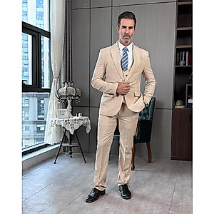 Aesido Business Men's Suits Slim Fits 3 Piece Double Breasted Breathable TR Plaid Thin Prom Tuxedos Blazer Wedding Grooms(Olive Green,46)