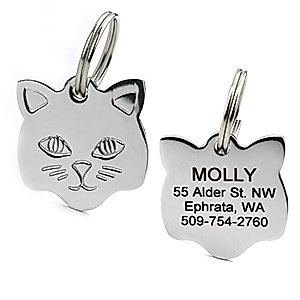 GoTags Cat ID Tag, Personalized Cat Shape Pet ID Tag in Stainless Steel, Includes up to 4 Lines of Custom Engraved Text – Stainless Steel, Kitty Face