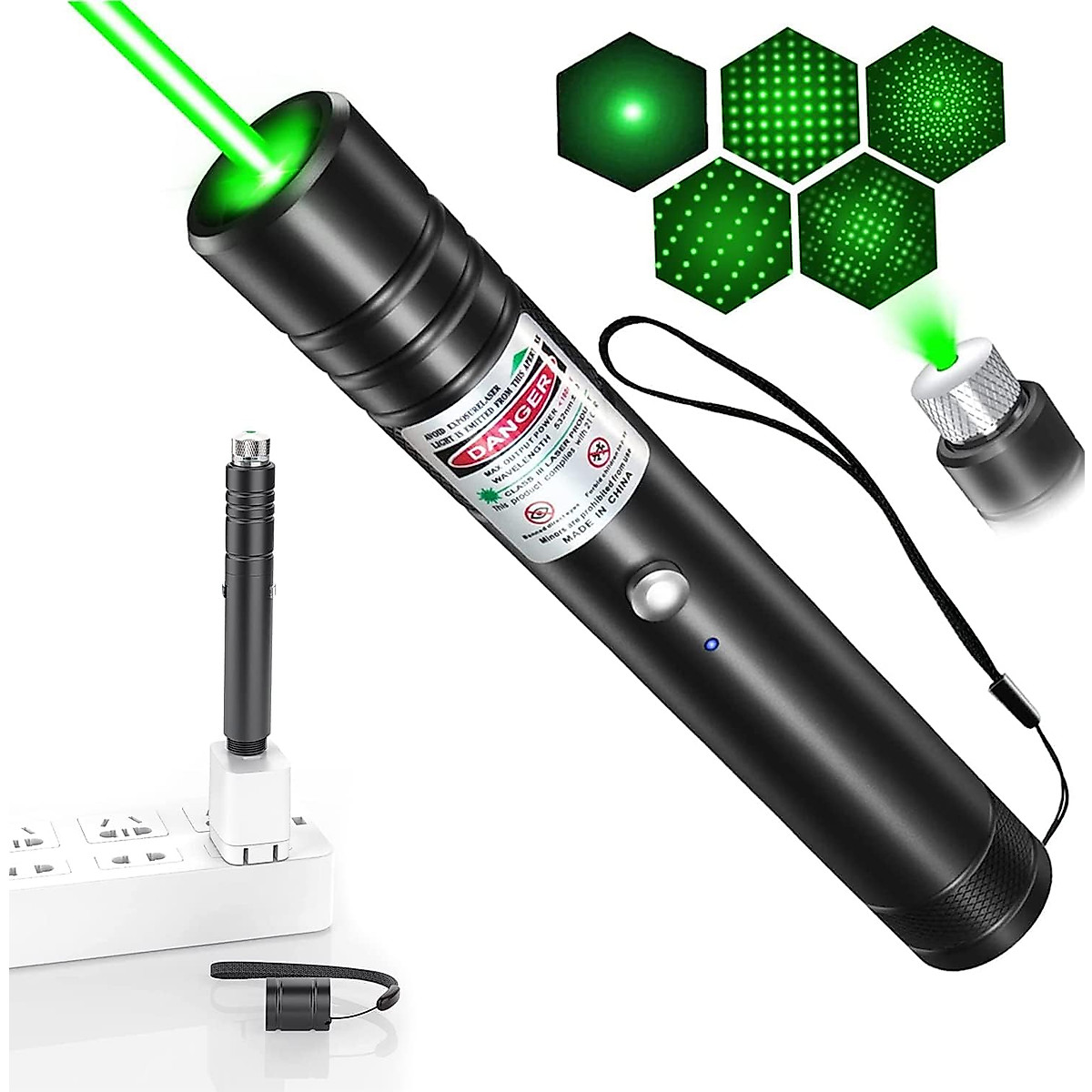 Green Laser Pointer Long Range High Power Tactical Green Beam Flashlight Laser pointer rechargeableUSB Laser Pointer Cat toys with Star Cap Adjustable Focus for Teaching Outdoor Hunting