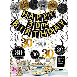 Famoby Black & Gold Glittery Happy 30th Birthday Banner,Poms,Sparkling 30 Hanging Swirls Kit for 30th Birthday Party 30th Anniversary Decorations Supplies