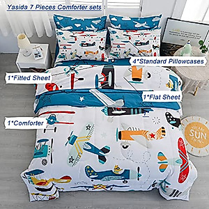 Yasida 7 Piece Airplane Comforter Set for Boys and Girls, Comforters Queen Size Bed in a Bag, Microfiber Kids Bedding for All Season (1 Comforter,1 Flat Sheet,1 Fitted Sheet,4 Pillowcases)