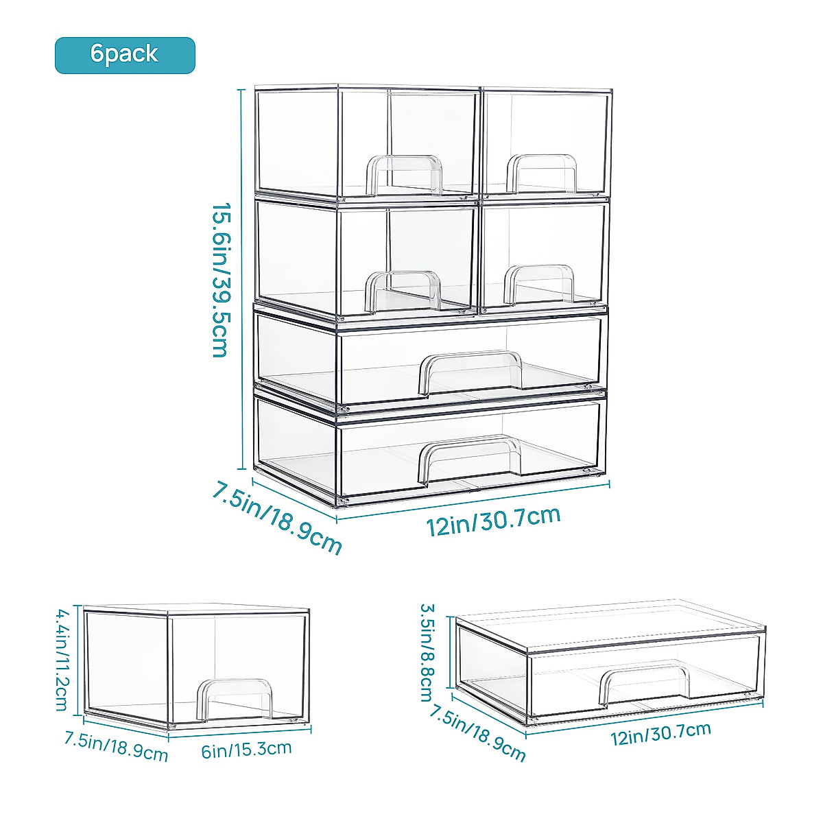 Vtopmart Stackable Storage Drawers Set of 6, Clear Plastic Organizer Bins for Bathroom Supplies,Ideal for Cabinet,Pantry,Laundry Room Organization