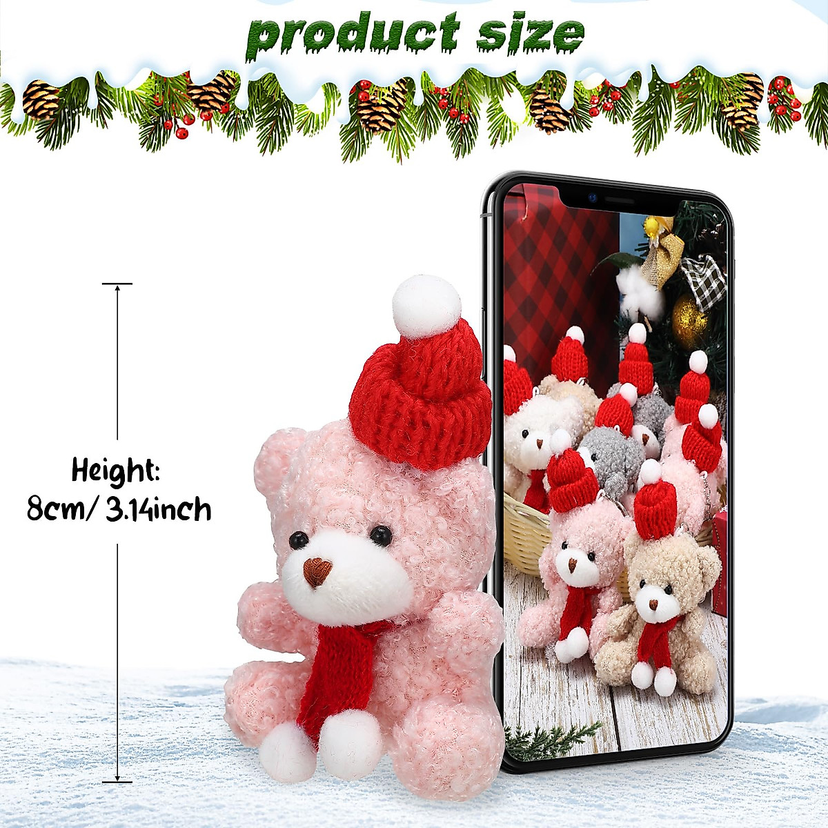 Jexine 12 Pcs Christmas Mini Plush Bears Bunny 3.14 Inch Tiny Stuffed Jointed Furry Doll Toys for DIY Gifts Christmas Tree Stocking Stuffers Keychain Baby Shower Wedding Party Favors(Cute Bear)
