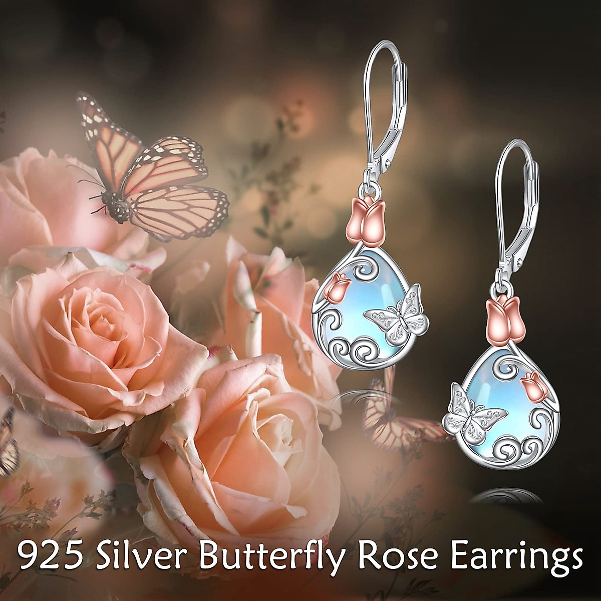 Moonstone Butterfly Earrings for Women 925 Sterling Silver Butterfly Rose Leverback Earrings Filigree Dangle Earrings Moonstone Jewelry Mothers Day Birthday Gifts for Mom