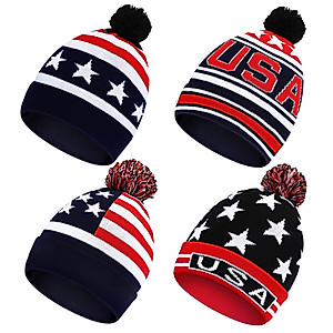 Tarpop 4 Pcs Winter Hat American Flag Pom Knit Beanie Fun USA Hat Warm Cuffed Beanie for Cold Days Men Women, Large(Delicate)