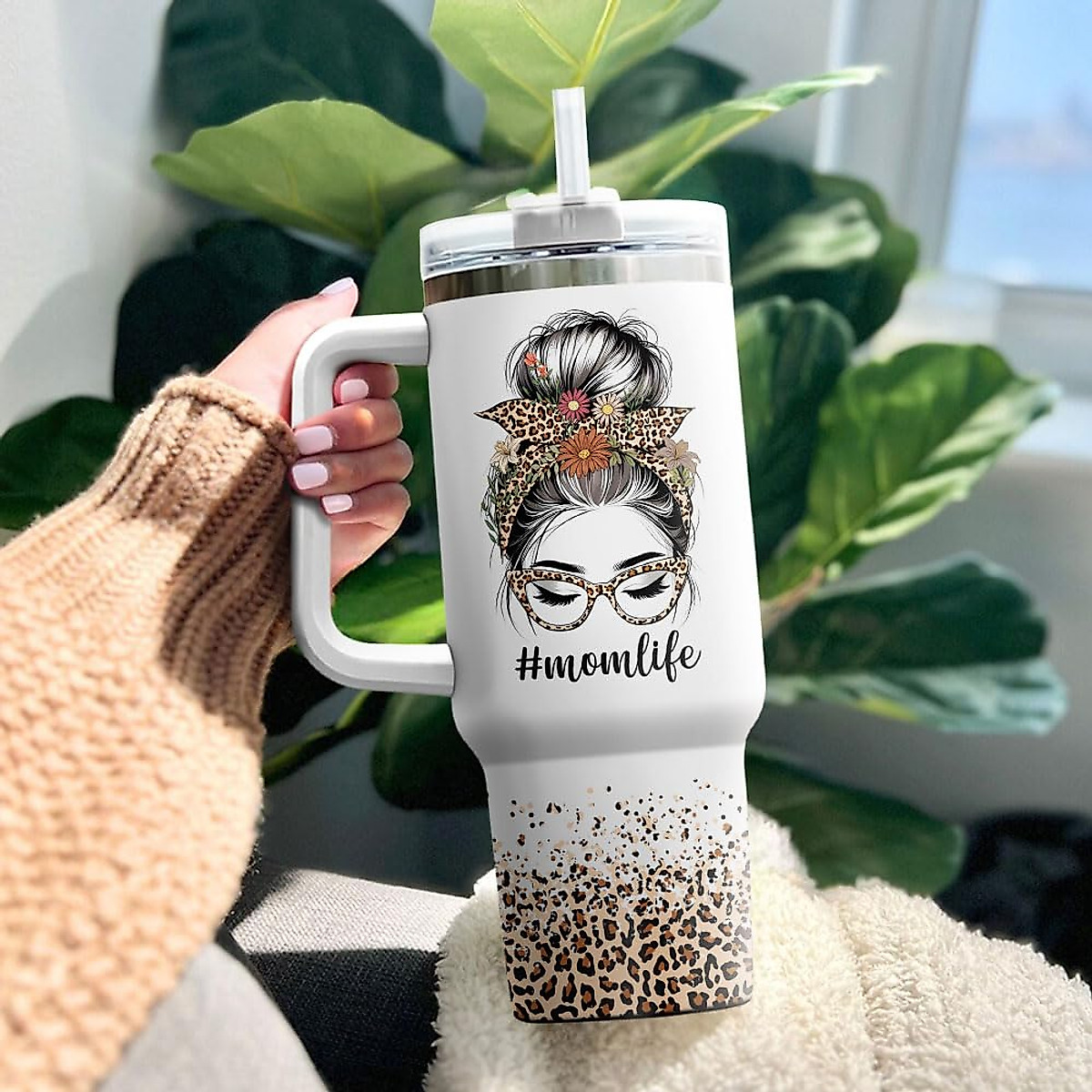 99WHALE Mom Bruh Messy Bun Leopard, Tumbler 40 Oz With Handle Lid And Straw, Mom Gifts, Mommy Straws Cup Mothers Life To Women Momma Funny Be For Handle Daisy Insulated Modern Coffee