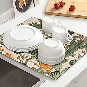 Green Cactus Printed Drying Mat For Kitchen Ultra Absorbent Microfiber Dishes Drainer Mats Non-Slip Silicone Quick Dry Pad - 18 X 16inch