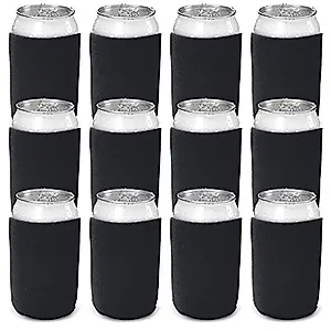 CSBD Beer Can Coolers Sleeves, Soft Insulated Reusable Drink Caddies for Water Bottles or Soda, Collapsible Blank DIY Customizable for Parties, Events or Weddings, Bulk (12, Black)