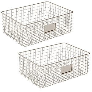 mDesign Wide Steel Wired Storage Organizer Bin Baskets with Label Slot for Kitchen Pantry, Cabinet, Organizing Holder for Food, Drinks, Snacks, Produce, Omaha Collection, 2 Pack, Satin