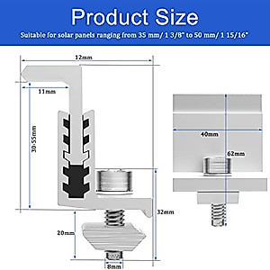 Solar Panel Brackets, 12Pcs Z Brackets for Solar Panel End Clamps with Nuts and Bolts, 32-50 mm Adjustable Aluminum Mounting Grounding Rails Kit for Solar Panel PV System Install Accessories