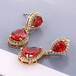 Ruby Gold Earrings for Women - 14k Gold Plated Teardrop Earrings Sterling Silver Pear-shaped CZ Cubic Zirconia Crystal Rhinestone Drop Earrings Bridal Jewelry for Bride Bridesmaids Party Prom Dance