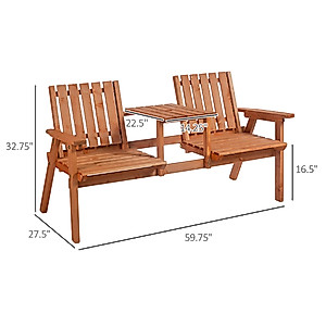 Outsunny Patio Bench, Garden Bench with Middle Table and Umbrella Hole, Wooden Outdoor Bench for Patio, Porch, Poolside, Balcony, Orange