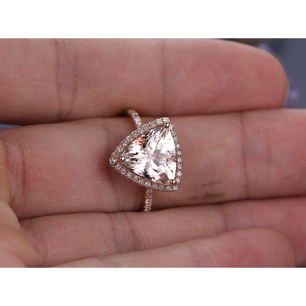 Triangle Morganite Engagement Ring Set,10mm Trillion Stone Halo Diamond 14k Rose Gold Rings Stacking Band