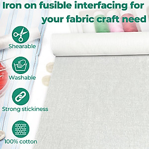 PLANTIONAL Woven Cotton Iron-On Fusible Interfacing, 16.1 inch X 10 Yards White Medium Weight 100% Cotton Single Sided Interfacing Fabric Iron on Interfacing for Fabric Sewing and DIY Crafts Supplies