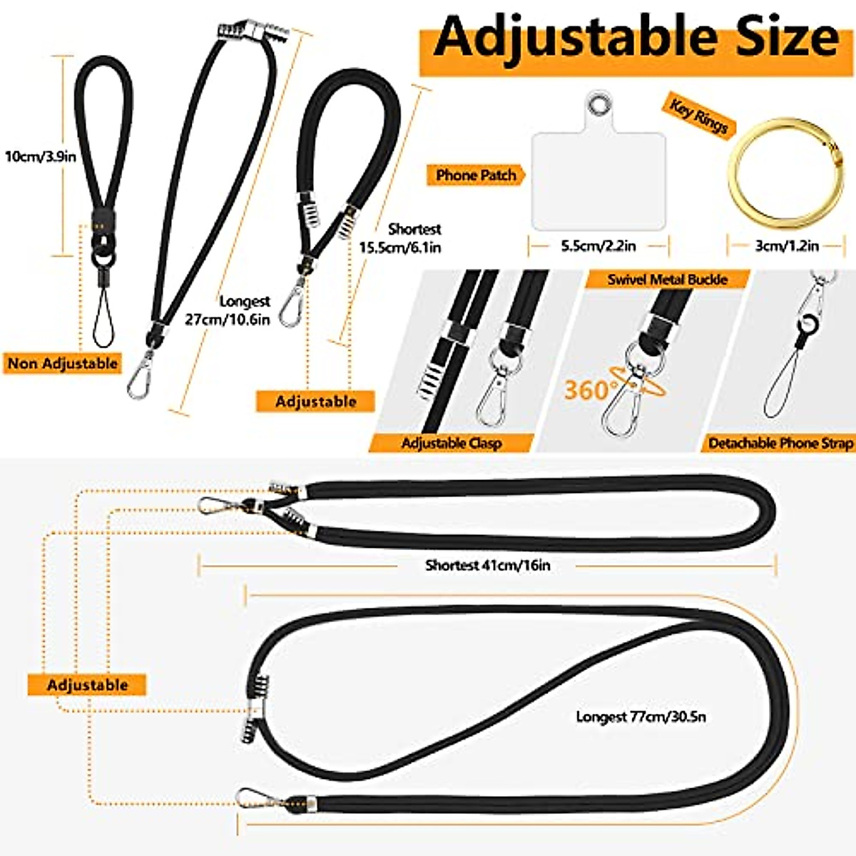 XLDLQU Cell Phone Lanyard, 1× Universal Crossbody Lanyard, 1× Adjustable Wrist Strap, 1× Finger Strap, 2× Key Rings and 3× Phone Patch Available for Most Mobile Phone (Black)