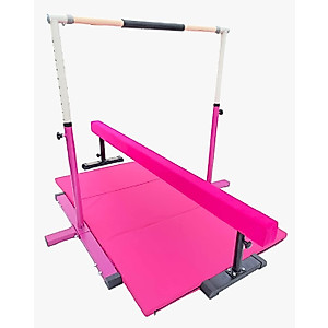 XDance Gymnastics Bar Kip Bar for Kids 3 in 1 Set with Adjustable Balance Tube, 6'x4' Tumble Mat, Expandable Height 3 to 5 FT Horizontal Bar Junior Gymnast Gymnastic Bar Asymmetric Bar Pink