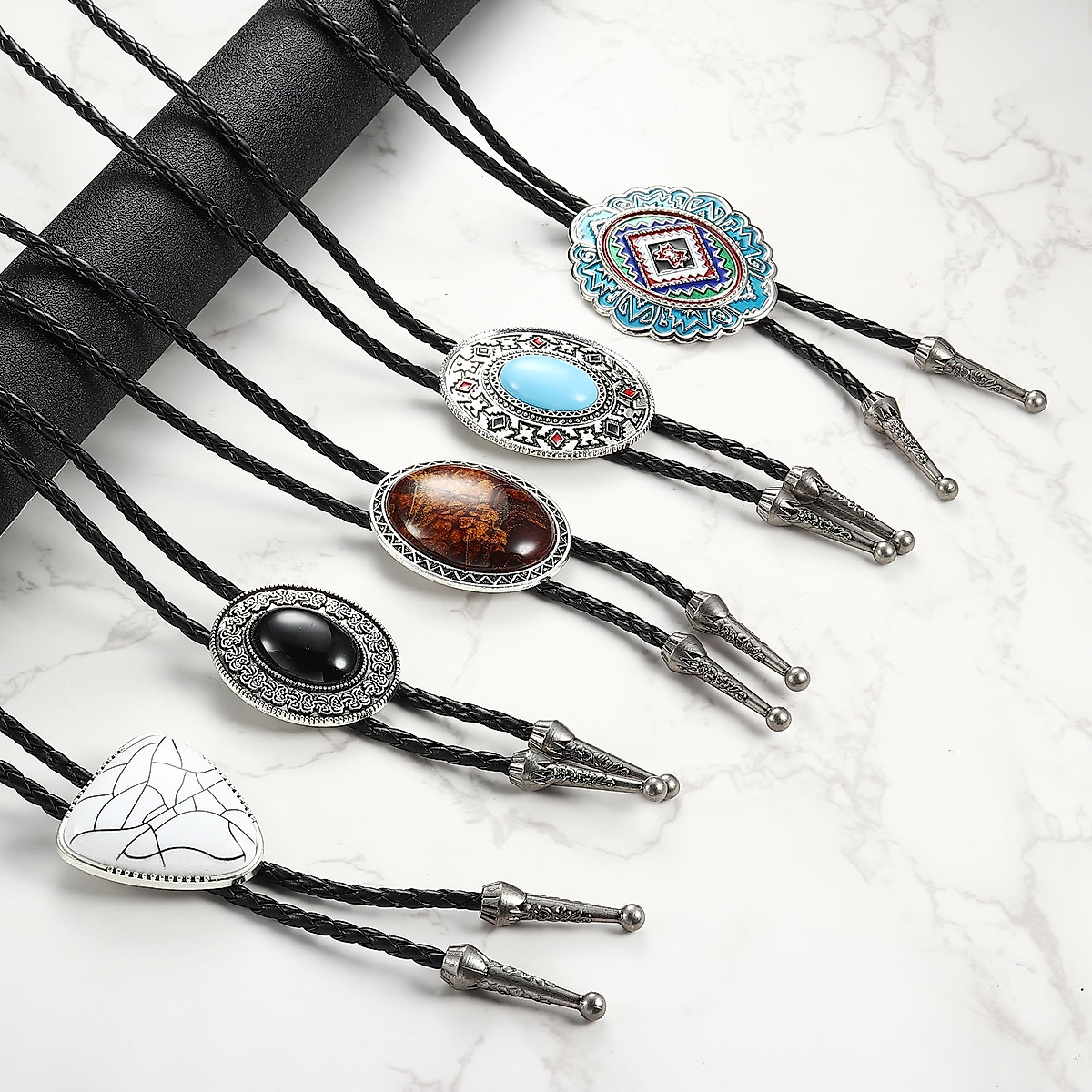 IRONBOX 5Pcs Bolo Tie for Men Handmade Western Cowboy Leather Necktie Totem Element Halloween Costume Accessories