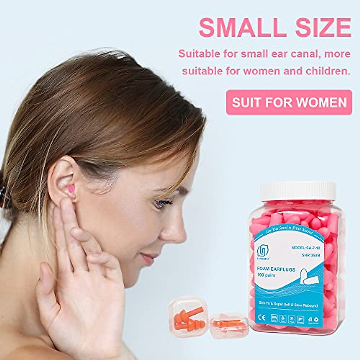 LYSIAN Slim Size Foam Ear Plugs for Noise Reduction Small Ear Women, Kids-35dB SNR Noise Canceling Earplugs for Sleeping, Snoring, Work, Shooting, Study Loud Noise, Pink-100 Pairs,
