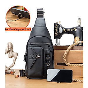BULLCAPTAIN Genuine Leather Sling Bag for Men Crossbody with Cellphone Stand Chain Chest Shoulder Backpack Daypack XB-520 (Black)