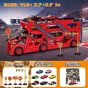 Aoskie Transport Carrier Truck Car Toy with Mini Cars and Road Signs, Hauler Launch Vehicles Play Set Gifts Games for Kids Ages 3-5 Years Old