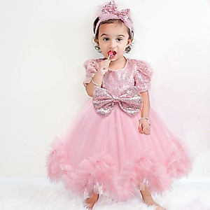 LZH Baby Girl Dress Sequined Bowknot Baptism Dresses for Baby Girls with Headwear Pageant Wedding Bridesmaid Party Pure White