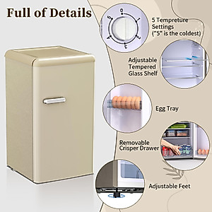rosmena Retro Mini Fridge for Bedroom, 3.5 Cu.Ft Mini Fridge with Freezer, Mini Dorm Fridge with Thermostat Control, Small Fridge for Bedroom, Office, Dorm, Kitchen, Living Room(Gold)