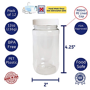 Kelkaa 8oz Clear PET Plastic Jars with White Ribbed PE Lined Caps, BPA Free, Empty Containers, Kitchen Dried Food Storage, Homemade Peanut Butter, All-Purpose Canisters, Made in the USA (Pack of 12)