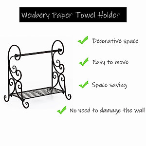 Wenbery Paper Towel Holder Stand 16.5" H Free Standing Metal Fancy Scroll Paper Towel Organizer for Kitchen Paper Towel Holder Stand and Condiment Shelf Rack