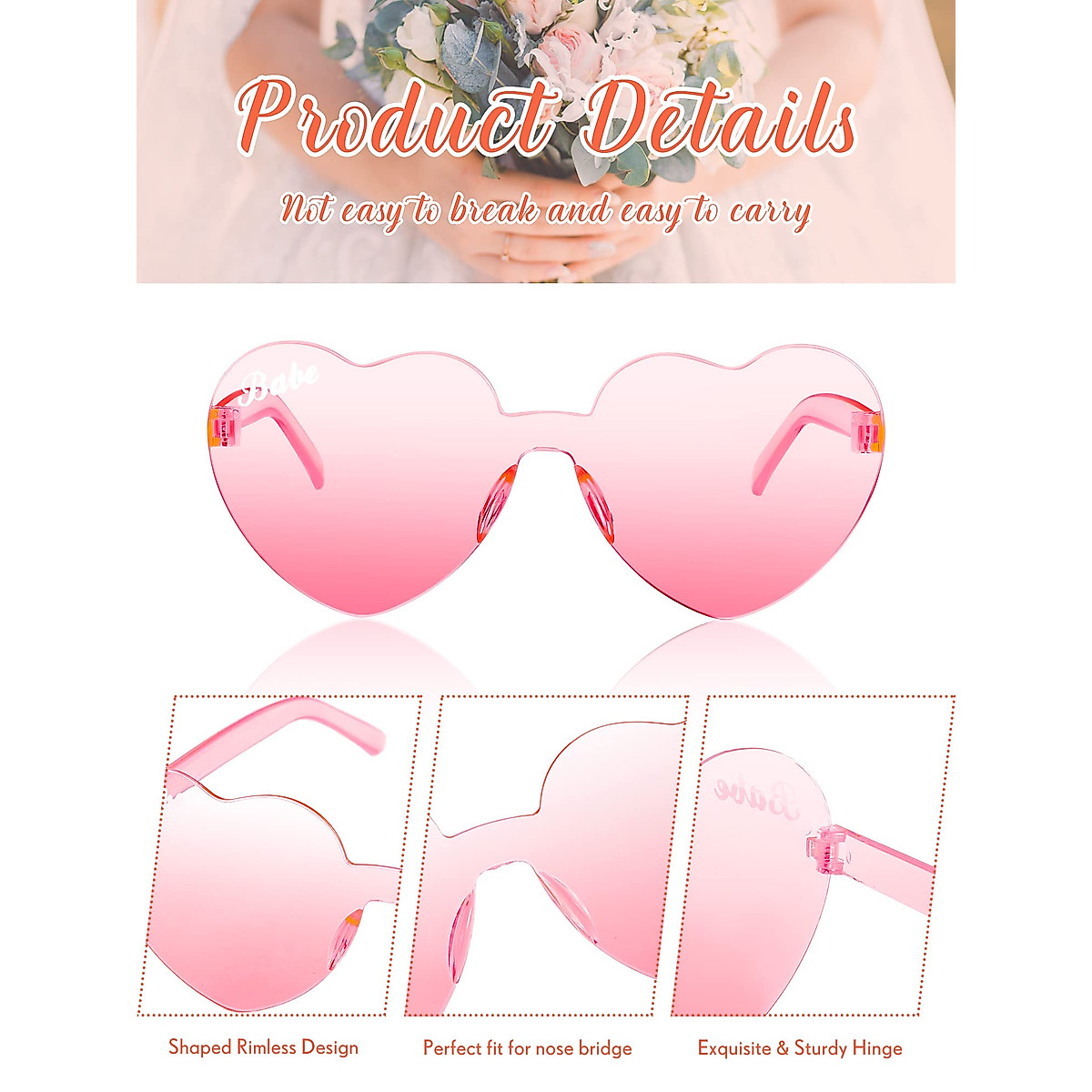 Dunzy 18 Pairs Rimless Heart Shaped Sunglasses Bachelorette Sunglasses Bride Bridesmaid Sunglasses for Women Party (Pink)