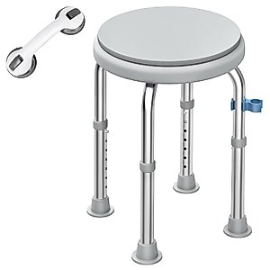 UGarden Upgraded Heavy Duty Stainless Steel Small Shower Chair for Inside Shower, Safety Anti-Slip 370lbs Shower Stool for Inside Bathtub, Gray Round Shower Stool w/Grab Bar, Bath Seats for Elderly