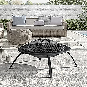 Fire Pit Set for Outside, 26 in Wood Burning Outdoor Fire Pit, Large Steel Firepit Bow for Patio Garden BBQ Camping Picnic, with Spark Screen, Fire Poker, Cover (Round Black)