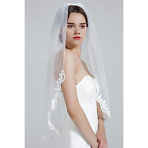 BEAUTELICATE Wedding Bridal Veil with Comb 1 Tier Lace Applique Edge Fingertip Length 36" Ivory