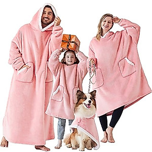 EHEYCIGA Wearable Blanket Hoodie with Pockets and Sleeves, Flannel Fleece Hooded Blanket for Women Men Adults and Kids, Pink, Extended Oversize