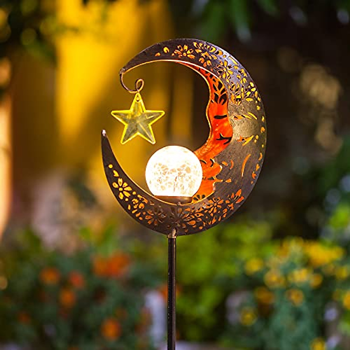 Hapjoy Solar Lights Outdoor Garden Decor Solar Moon Lantern for Patio,Lawn or Pathway Moon Decorations Crackle Glass Globe Stake Metal Lights Waterproof Warm LED Garden Gifts (Bronze)